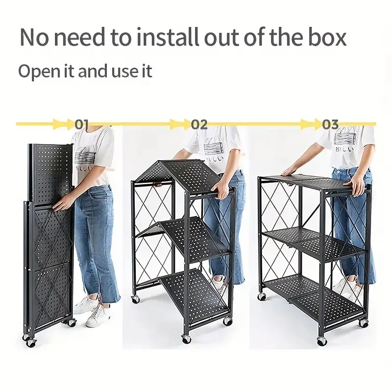 Metal 3 Layer Folding Storage Rack with Wheel Kitchen Cart - InMall